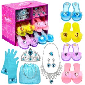 princess dress up shoes set, girls role play dress up toys, toddler pretend jewelry boutique kit gift set for little girls aged 3-6 years old, 4 pairs of shoes kit include princess accessories