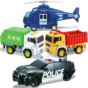 city car toy playset of 3 vehicles - friction-powered w/ realistic lights & sounds - includes police car, garbage truck, construction dump truck & helicopter - toddler boys toy for kids ages 3-5