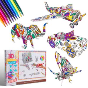 3d coloring puzzle set, 4 animals puzzles with pen, diy arts and crafts for girls boys age 6 7 8 9 10 11 12 years old(4 pack)