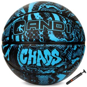 and1 chaos basketball & pump (jungle series)- official size 7 (29.5”) streetball, made for indoor and outdoor basketball games (blue/black)