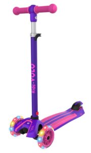 ridevolo kids' kick scooter for ages 3-8, 3 adjustable heights, flashing wheels, 6" wide anti-slip deck and high stability, max load 110lbs, easy assembly, outdoor activities, gift for boy/girl purple