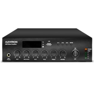 alfatron 60w-ub compact mixer amplifier with bluetooth, on board tuner, built-in usb mp3 player, & front panel mic input, 60w at 70/100v, perfect for classrooms & shops