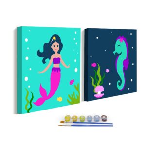 2-pack easy paint by numbers kits for kids, diy oil painting for children seniors beginners, framed pre drawn canvas painting craft set, color according to numbers 8x8 inch (mermaid)