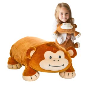 memory mates cuddly memory foam pillow plush with belly pocket, kids pillow for hugging sleeping & storing diary, 15” stuffed animal & journal set - jesi the monkey