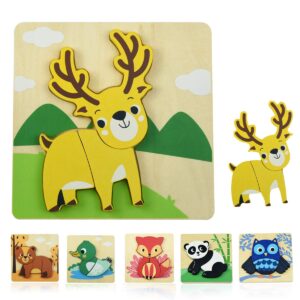 gybber&mumu wooden thickened animal puzzle toy set panda deer owl duck fox puzzle toy hand-eye coordination intellectual toy set for preschool (deer)