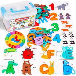 catcrafter abc flash cards toddler toys - alphabet number clock wooden letter puzzle matching game montessori preschool educational toys for kids boys girls ages 1-3 4+ (36 cards & 36 blocks included)