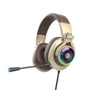 hp usb pc gaming headset with microphone. 7.1 surround sound, rgb led lighting, noise isolating over ear game headphones with detachable mic for pc, mac, ps4, laptop - gold