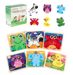 wooden puzzles for toddlers 1-3,toddler puzzles ages 1 2 3 4 year old with 6 animal patterns-preschool kids learning educational montessori toys christmas birthday gifts