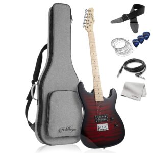 ashthorpe 39-inch full-size electric guitar with humbucker pickup (red), guitar kit with padded gig bag, strap, strings, cable, cloth, picks