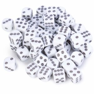 50-pack of bullseye dice - 16mm six sided dice with unique target pips - classic dice for games like farkle, liar's dice, bunco, balut, 10000, craps, and more