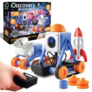 discovery #mindblown customizable magnetic building tiles with remote control, 34-piece play set, build 3 intergalactic models, includes 2 powered motors, stem toy for boys and girls