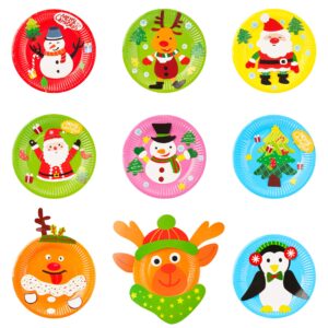 mallmall6 9pcs christmas paper plate art kits for kids theme educational diy craft card parent-child activity early learning art project classroom party supplies for preschool toddler boys girls