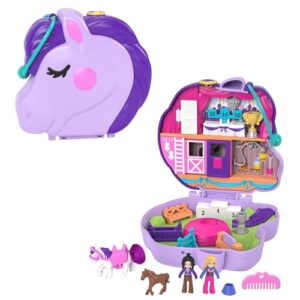 polly pocket compact playset, jumpin' style pony with 2 micro dolls & accessories, travel toys with surprise reveals