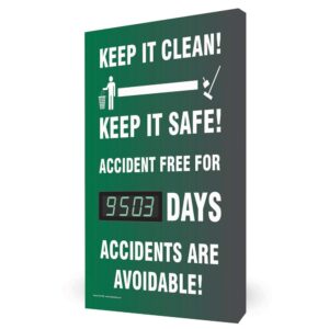 compliancesigns.com keep it clean! keep it safe! accident free digital safety scoreboard, 28x20 inch aluminum