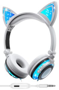 olyre wired headphones with microphone for kids/girls/boys/women,on-ears adjustable stereo foldable led cat kitty gift headset compatible with computer tablet pc ipad smartphone(white)