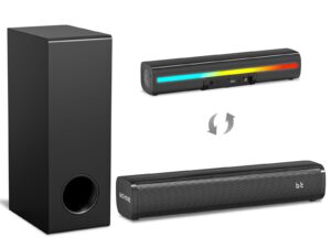 wohome 2.1ch small sound bars for tv with 6 levels voice enhancement, built-in subwoofer, 16 inches bluetooth soundbar speakers with optical/aux/usb connection, s100