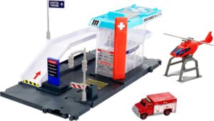 matchbox cars playset, action drivers helicopter rescue & 1:64 scale toy ambulance & helicopter, connects to other sets