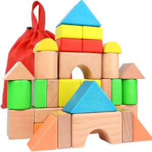 large wooden building blocks set - educational preschool learning toys with carrying bag, toddler blocks toys for 3+ year old boy and girl gifts