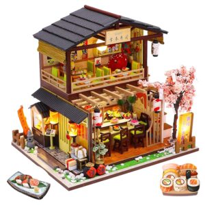 syw diy miniature dollhouse kit with furniture and led light，japanese sushi shop wooden dollhouse, 1:24 scale creative doll house toys for teen