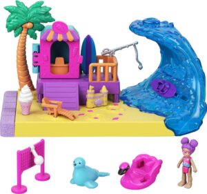 polly pocket pollyville playset, sunshine beach with micro doll, seal figure, flamingo toy boat & accessories