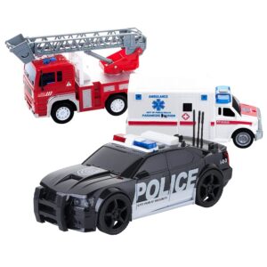 dazmers friction powered city hero play set including fire engine truck, ambulance, police car for kids, boys and girls - 3-pack emergency vehicles with light and sound