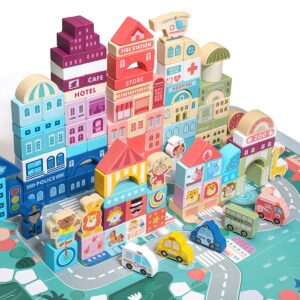 120pcs wooden blocks, preschool learning educational toys, wooden toddler toys with city map construction, stacking blocks for 3+ years old kids boys girls children (multicolored)