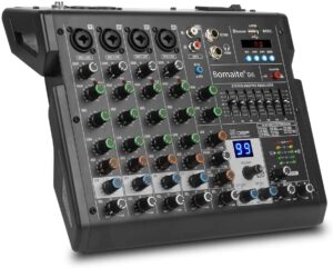 8-channel mixer 99 effects 7 band eq bluetooth studio audio mixer for pc recording input, xlr microphone jack, 48v power, for professional and beginners-bomaite b8, black