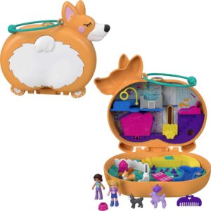 polly pocket compact playset, corgi cuddles with 2 micro dolls & accessories, travel toys with surprise reveals (amazon exclusive)