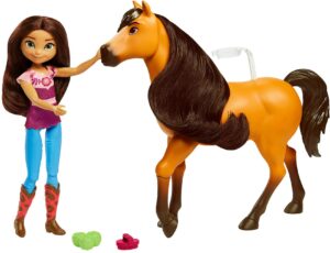 mattel spirit untamed nuzzle & play lucky doll (7-in) & spirit horse (8-in), movable joints for hugging moment, doll clips on horse, great gift for ages 3 years old & up