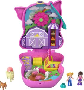 polly pocket on the farm piggy compact, farm theme, micro polly doll & friend doll, 2 animal figures (1 alpaca with hair), fun features & surprise reveals, great gift for ages 4 years old & up