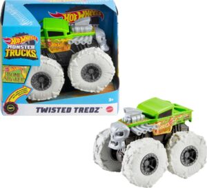 hot wheels monster trucks twisted tredz vehicles, creature-themed 1:43 scale toy truck with pull-back motor & giant wheels, gift for kids ages 3 years old & up