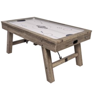 american legend brookdale air-powered hockey table with rustic wood grain finish, angled legs and turnbuckle accents brown, 75.31"l x 38.98"w x 8.5"h