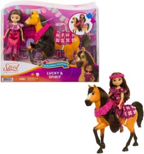 mattel spirit untamed doll & toy horse set, miradero festival lucky 7-inch small doll with spirit (8-inch) with long mane & accessories