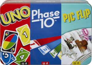 mattel games uno, phase 10 and pic flip bundle, 3 mattel card games in decorative storage tin, for kid, family & adult game night, 7 years & up