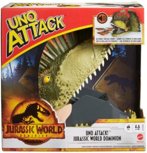 mattel games ​uno attack jurassic world domination card game for kids & family night with dinosaur card launcher, lights & sounds