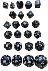 black - 24 unusual dice set - d3s, d4, d5, d6, d7, d8, d10, d, d11, d12, d13, d14, d15, d16, d17, d18, d19, d20, d22, d24, d26, d28 & d30