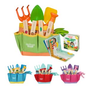 matching board book - green kids gardening tools set includes sturdy tote bag, watering can, shovel, rake, and trowel - garden storybook - kids garden tools- easter gifts for toddler age on up.