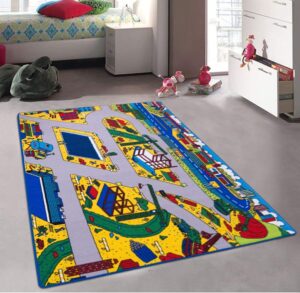 champion rugs construction vehicles truck toys play mat with train tracks, mini engineering diecast trucks pull back cars, toy trucks for toddlers, kids (5 feet x 7 feet)