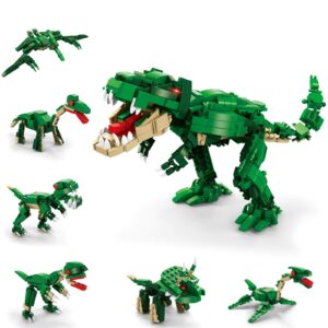 garunk 6 in 1 mighty dinosaurs building blocks set, build it yourself dinosaur set, create a ceratosaurus, pterosaur, diplodocus, triceratops, allosaurus, raptor, for kids (673 pieces)