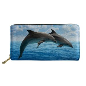 wellflyhom swimming dolphin pattern zipper wallet slim leather long clutch purse phone card cash holder for women teen boys girls