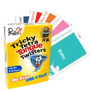 really?! tricky tetra tongue twisters - go fish with a twist, hilarious family party speech & memory card game, ages 8+