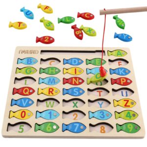 magnetic wooden fishing game toy for toddlers, alphabet fish catching counting games puzzle with numbers and letters, preschool learning abc math educational toys 3 4 5 years old girl boy kids