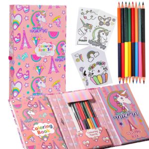 unicorn coloring book set with coloring pages & colored pencils, art supplies for kids ages 4-6-8, arts crafts travel coloring kit for girls 4 5 6 7 8 year old birthday gift