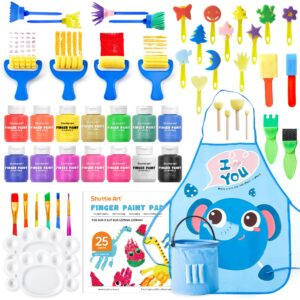 washable finger paint set, shuttle art 46 pack kids paint set with 14 colors(60ml) finger paints, brushes, finger paint pad, sponge, palette, smock, nontoxic for toddlers home activity early education