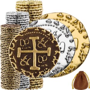 pirate coins, 102 bronze, silver & gold treasure coin set, metal replica spanish doubloons for board games, tokens, cosplay, realistic money imitation, pirate treasure chest, m, l, xl sizes mix