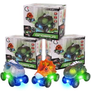 dinosaur cars with led light & sound dino car toys car gifts animal vehicles monster truck playset for boys girls toddles kids birthday gifts classroom prize (3 pack)