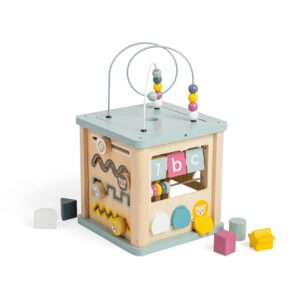 bigjigs toys wooden activity cube - 100% fsc® certified busy centre with shape sorter & bead maze, sustainable sensory toys for 1 year old, 22cm w x 23cm h