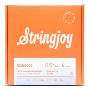 stringjoy fw1254 foxwoods coated phosphor bronze acoustic guitar strings 12-54 light gauge, long-lasting tone, smooth playability, acoustic guitar strings 6 string set, premium guitar accessories