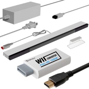 portholic 4 in 1 wii replacement cables set, wii ac power adapter + wii to hdmi converter+ wired motion sensor bar and composite audio video cable for nintendo wii