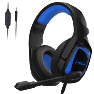 anivia gaming headset with microphone, noise cancelling stereo wired headset compatible with pc, ps4, ps5, xbox one, laptop, nintendo nes, over-ear 3.5mm headphones with mic blue